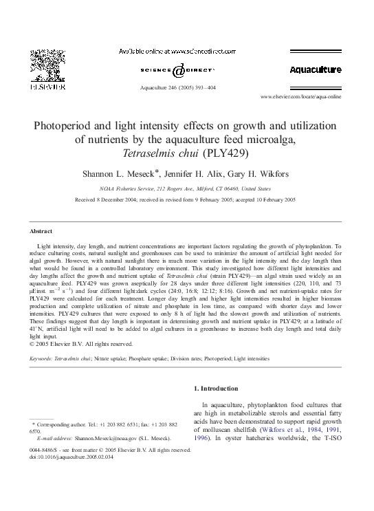 (PDF) Photoperiod and light intensity effects on growth and utilization of nutrients by the ...