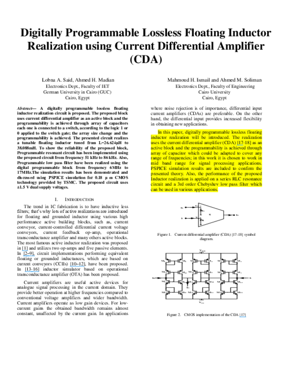 (PDF) Digitally programmable lossless floating inductor realization using current differential ...