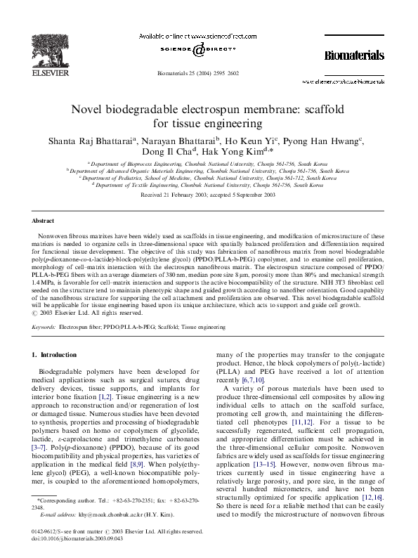 (PDF) Novel biodegradable electrospun membrane: scaffold for tissue engineering