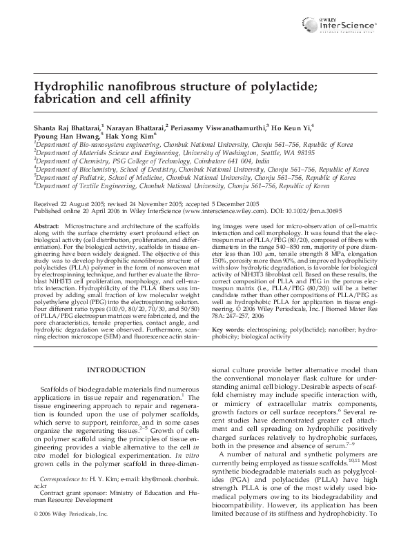 (PDF) Hydrophilic nanofibrous structure of polylactide; fabrication and ...
