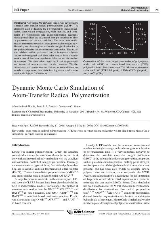 (PDF) Dynamic Monte Carlo Simulation of Atom-Transfer Radical Polymerization