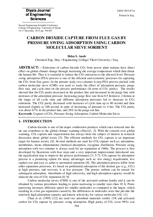 (PDF) CARBON DIOXIDE CAPTURE FROM FLUE GAS BY PRESSURE SWING ADSORPTION ...