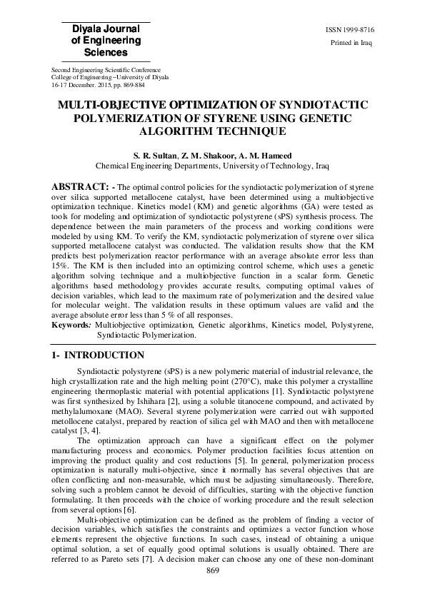 (PDF) MULTI-OBJECTIVE OPTIMIZATION OF SYNDIOTACTIC POLYMERIZATION OF STYRENE USING GENETIC ...