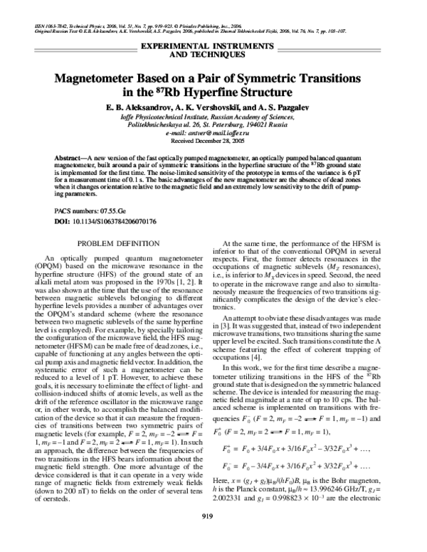 (PDF) Magnetometer based on a pair of symmetric transitions in the 87 ...