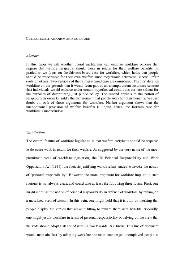 (DOC) Liberal Egalitarianism and Workfare