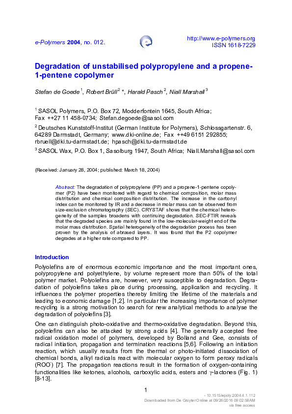 (PDF) Degradation of unstabilised polypropylene and a propene- 1 ...