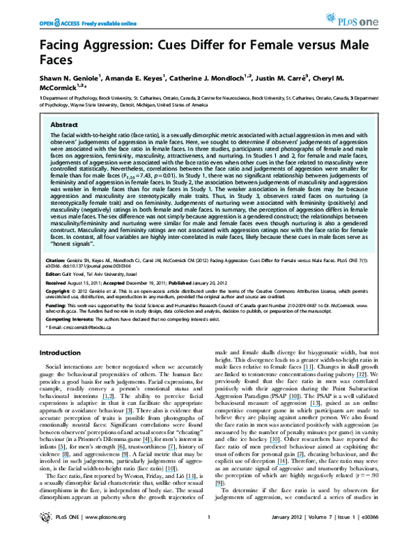 (PDF) Facing Aggression: Cues Differ for Female versus Male Faces