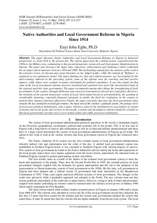 (PDF) Native Authorities and Local Government Reforms in Nigeria Since 1914