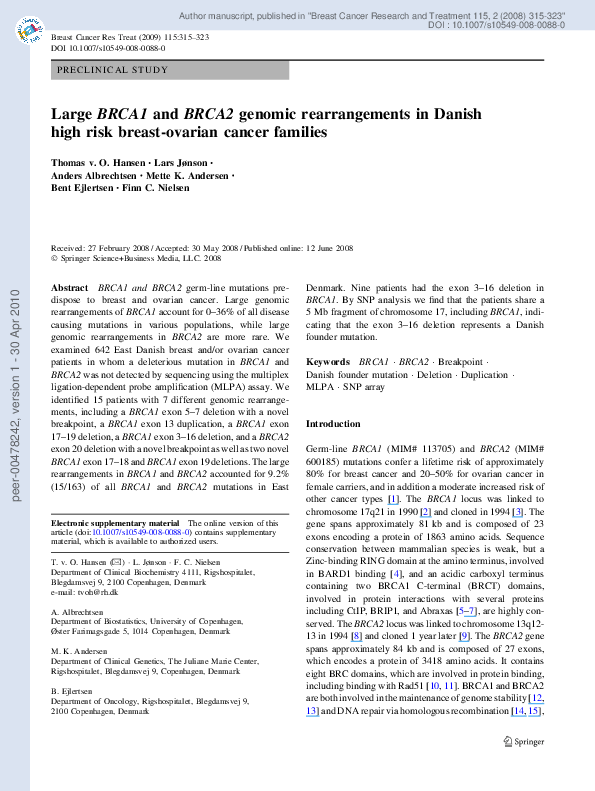 Pdf Brca1 2 Rearrangements In Malaysian Cancer Families