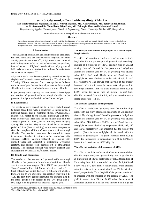 (PDF) tert.-Butylation of p-Cresol with tert.-Butyl Chloride