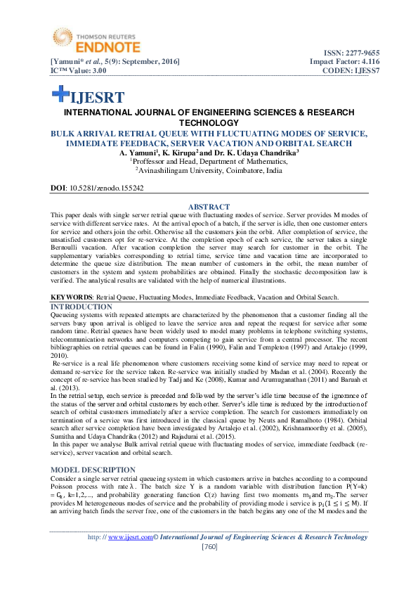 (PDF) BULK ARRIVAL RETRIAL QUEUE WITH FLUCTUATING MODES OF SERVICE, IMMEDIATE FEEDBACK, SERVER ...