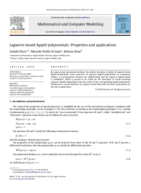 (PDF) Laguerre-based Appell polynomials: Properties and applications
