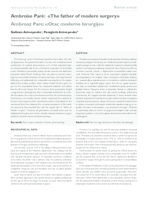 (PDF) Ambroise Paré: «The father of modern surgery» Ambroaz Pare: «Otac ...