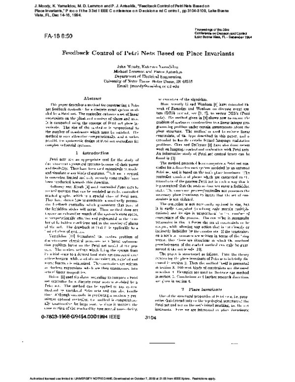 (PDF) Feedback control of petri nets based on place invariants