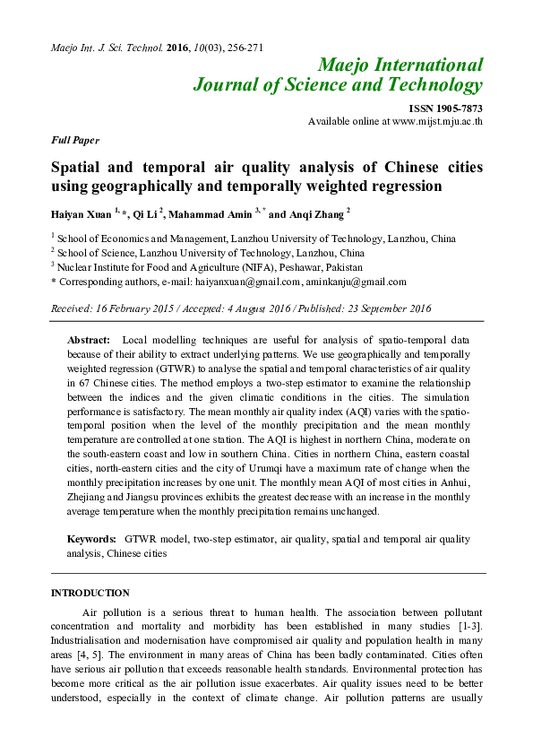 Pdf Spatial And Temporal Air Quality Analysis Of Chinese Cities Using Geographically And