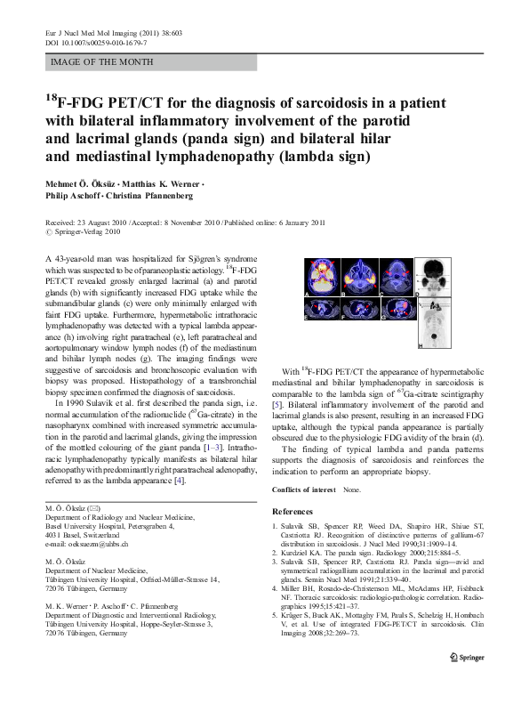 (PDF) 18 F-FDG PET/CT for the diagnosis of sarcoidosis in a patient ...