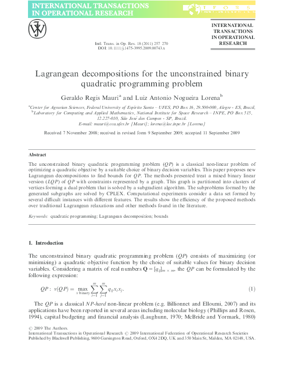 (PDF) Lagrangean decompositions for the unconstrained binary quadratic ... (PDF) Lagrangean decompositions for the unconstrained binary quadratic ...