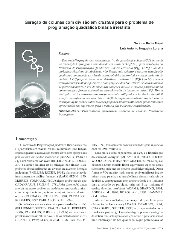 (PDF) Geração de colunas com divisão em clusters para o problema de ...