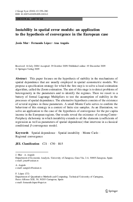 (PDF) Instability in spatial error models: an application to the hypothesis of convergence in ...
