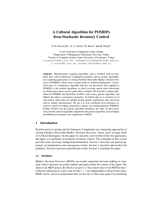 (PDF) A Cultural Algorithm for POMDPs from Stochastic Inventory Control