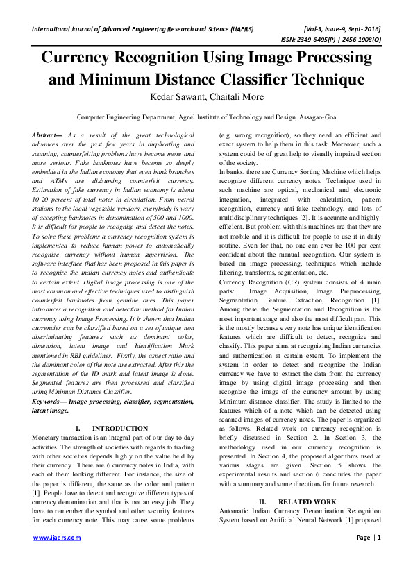 (PDF) Currency Recognition Using Image Processing and Minimum Distance Classifier Technique