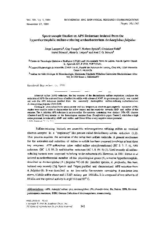 (PDF) Spectroscopic studies on APS reductase isolated from the ...