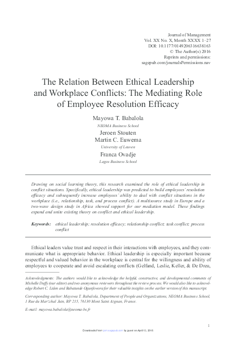 (PDF) The Relation Between Ethical Leadership and Workplace Conflicts: The Mediating Role of ...