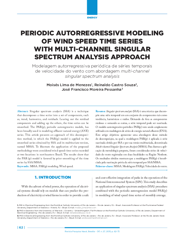 (PDF) PERIODIC AUTORREGRESSIVE MODELING OF WIND SPEED TIME SERIES WITH MULTI-CHANNEL SINGULAR ...
