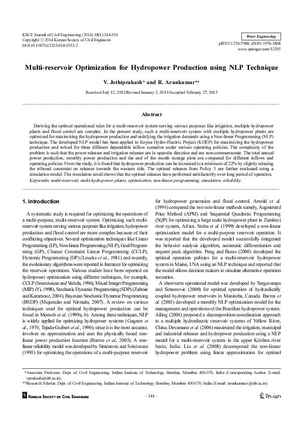 Multi Reservoir Optimization For Hydropower Production Using Nlp Technique