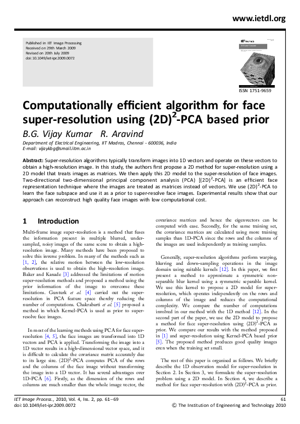 Pdf Computationally Efficient Algorithm For Face Super Resolution Using 2d 2pca Based Prior