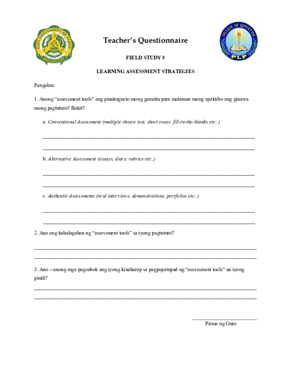 (DOC) Teacher's Questionnaire FIELD STUDY 5 LEARNING ASSESSMENT STRATEGIES