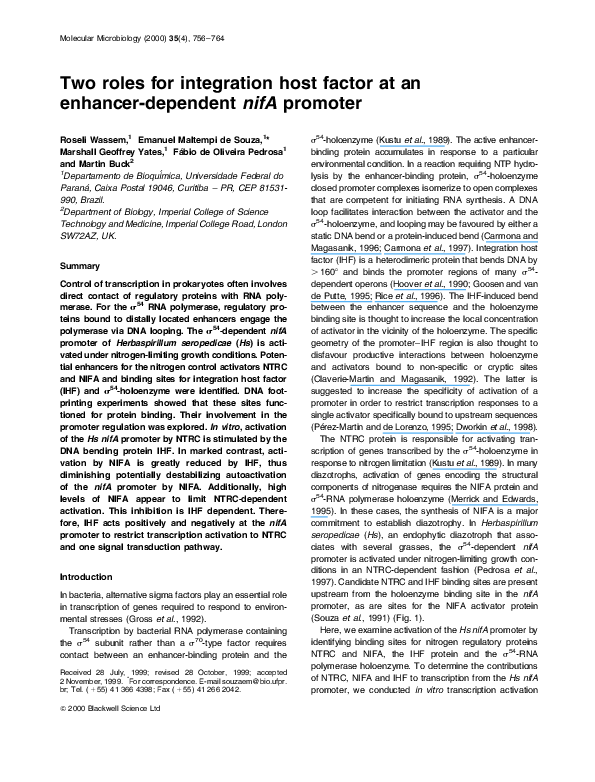 (PDF) Two roles for integration host factor at an enhancer-dependent ...