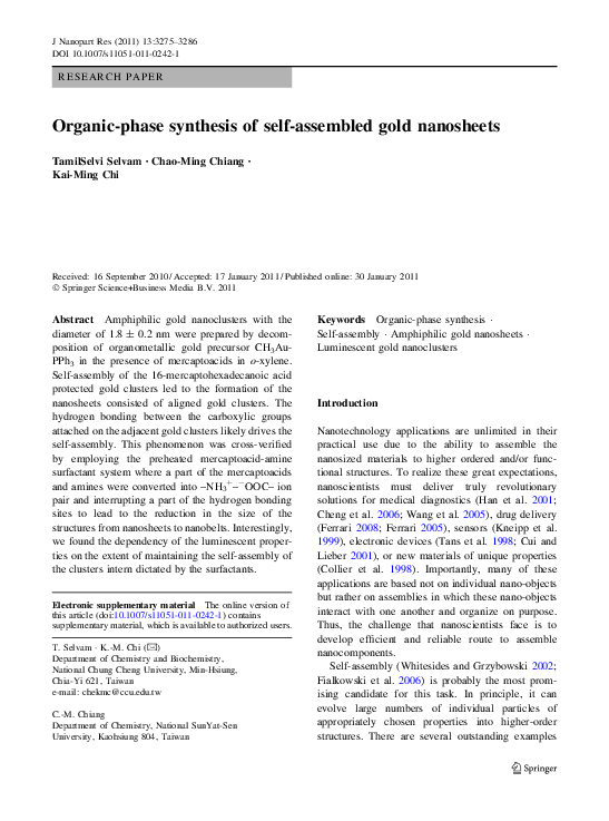 (PDF) Organic-phase synthesis of self-assembled gold nanosheets