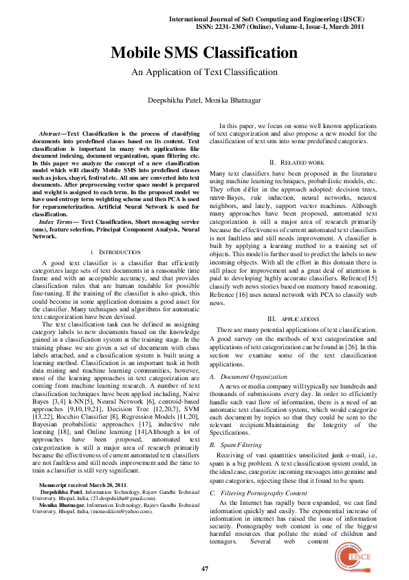 (PDF) Mobile SMS Classification