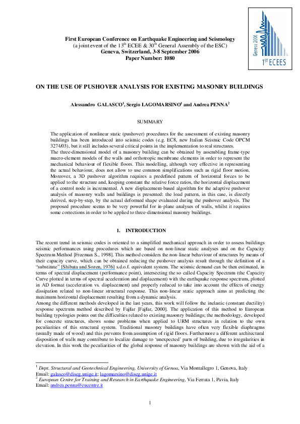 (PDF) ON THE USE OF PUSHOVER ANALYSIS FOR EXISTING MASONRY BUILDINGS