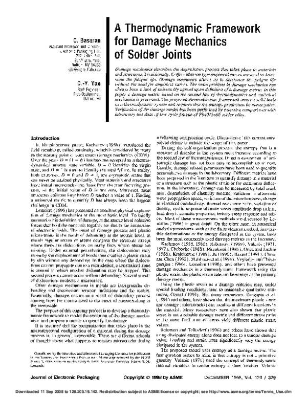(PDF) C. Basaran A Thermodynamic Framework for Damage Mechanics of ...