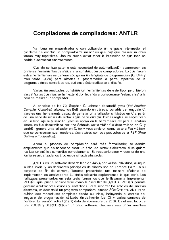(PDF) Compiladores de compiladores: ANTLR