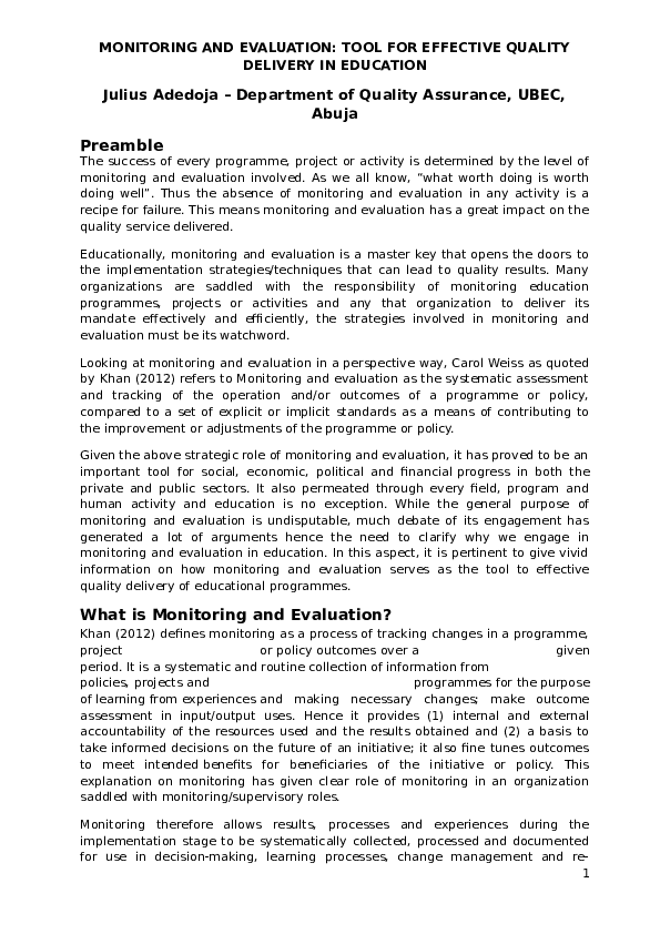 (DOC) MONITORING AND EVALUATION: TOOL FOR EFFECTIVE QUALITY DELIVERY IN ...