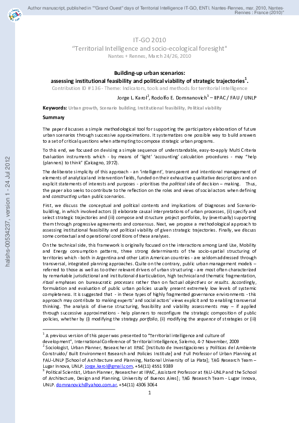 (PDF) Building-up urban scenarios: assessing institutional feasibility ...