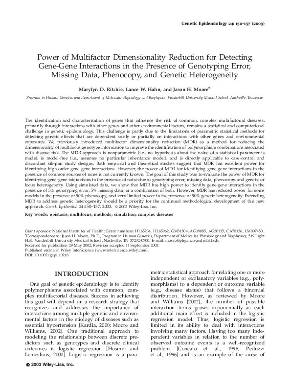 (PDF) Power of multifactor dimensionality reduction for detecting gene-gene interactions in the ...