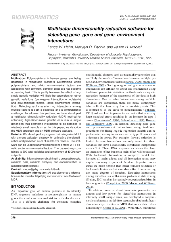 (PDF) Multifactor dimensionality reduction software for detecting gene-gene and gene-environment ...