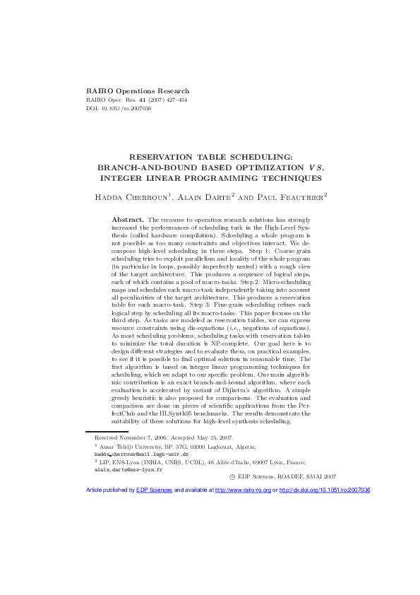 (PDF) Reservation table scheduling: branch-and-bound based optimization ... (PDF) Reservation table scheduling: branch-and-bound based optimization ...