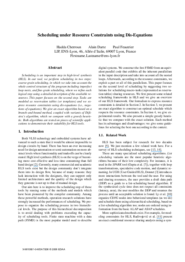 (PDF) Scheduling under Resource Constraints using Dis-Equations | Paul Feautrier - Academia.edu