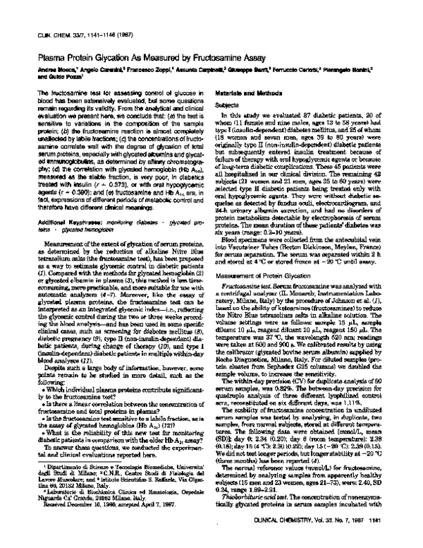 (PDF) Plasma protein glycation as measured by fructosamine assay