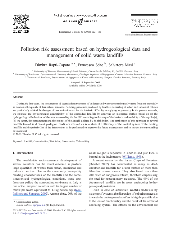 (PDF) Pollution risk assessment based on hydrogeological data and ...