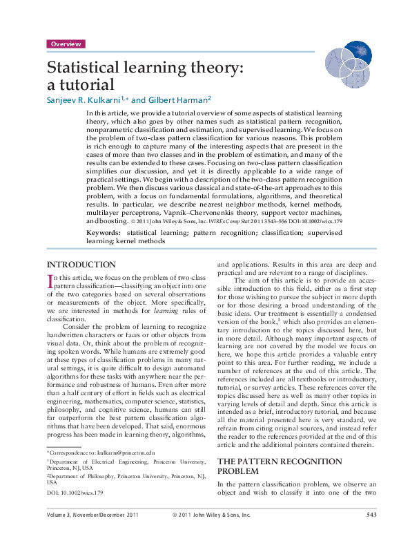 (PDF) Statistical learning theory: a tutorial