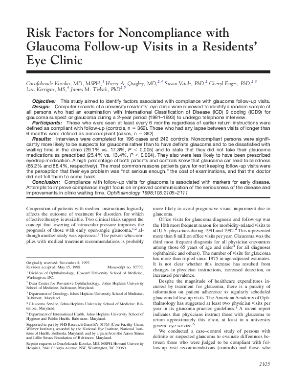 (PDF) Risk factors for noncompliance with glaucoma follow-up visits in ...