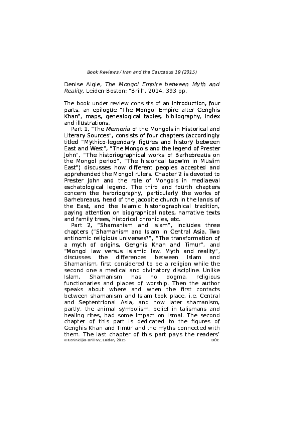 (DOC) Book Review - Denise Aigle, The Mongol Empire between Myth and Reality, Leiden-Boston ...