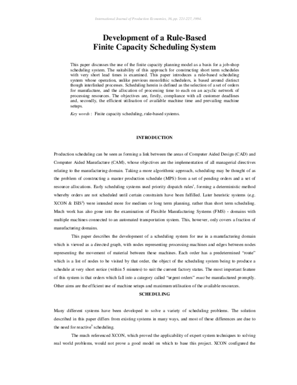 Pdf Development Of A Rule Based Finite Capacity Scheduling System