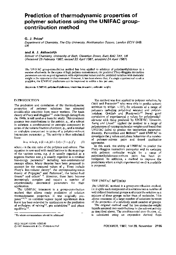 (PDF) Prediction of thermodynamic properties of polymer solutions using ...